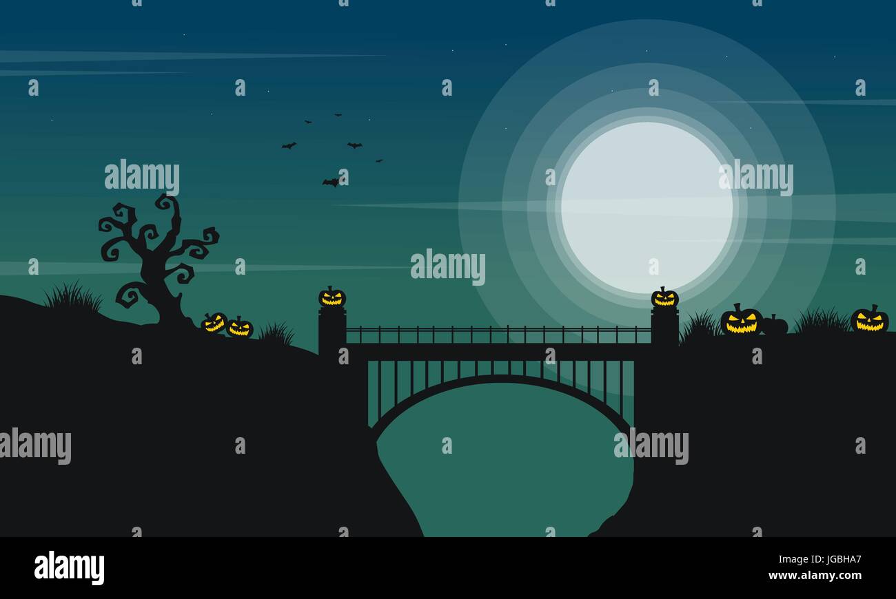 Halloween with bridge and moon landscape vector illustration Stock ...