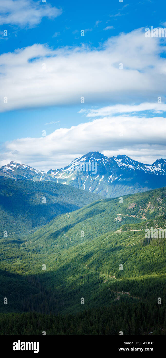 Vertical Panorama of a valley and mountains on a partially sunny day ...