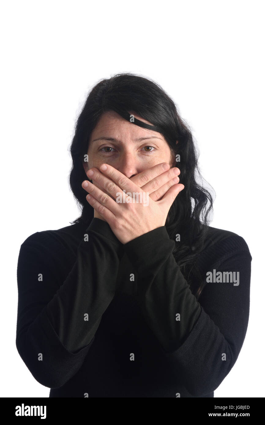 Woman middle aged cover mouth hi-res stock photography and images - Alamy