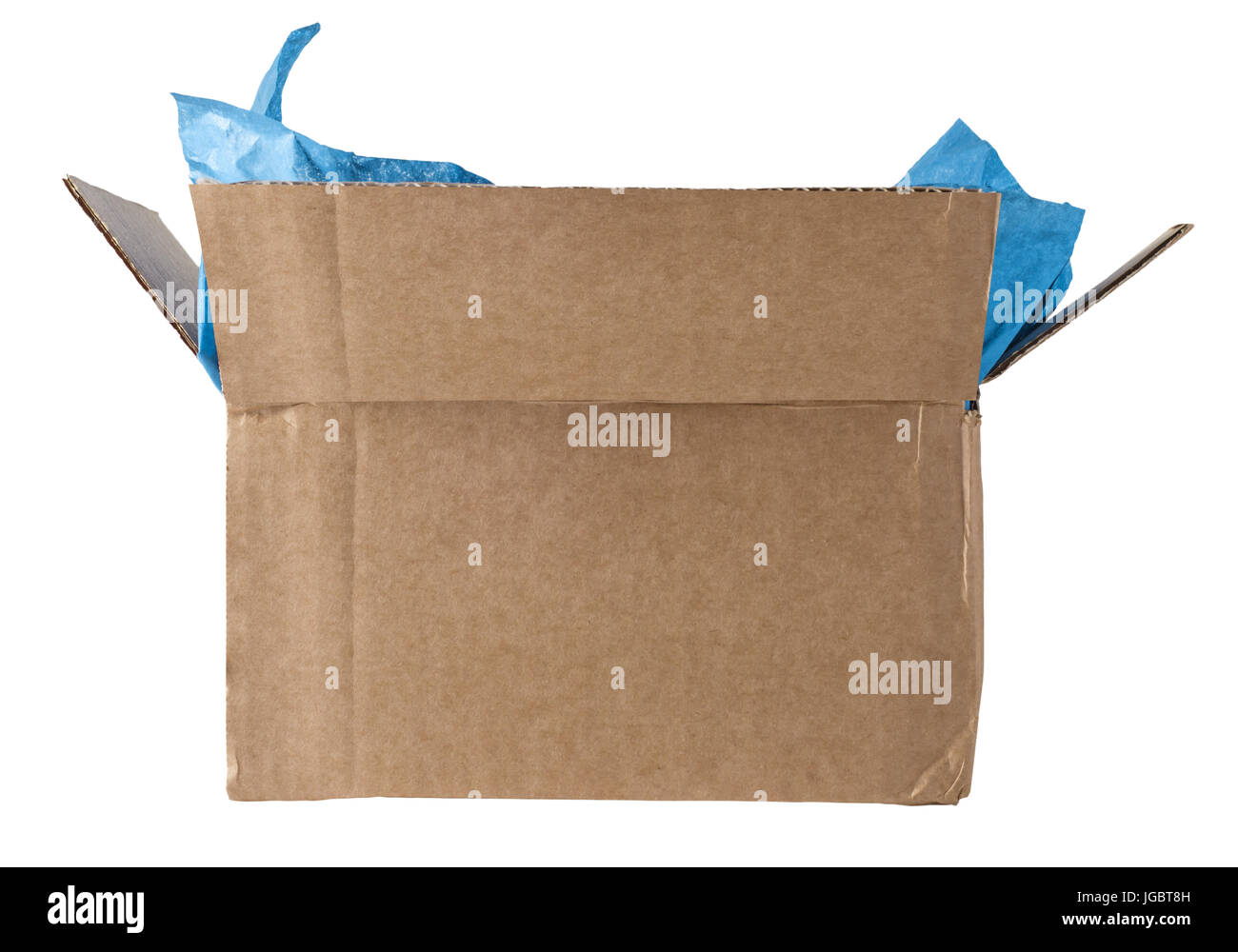 An opened cardboard box with light blue packing tissue exposed ...