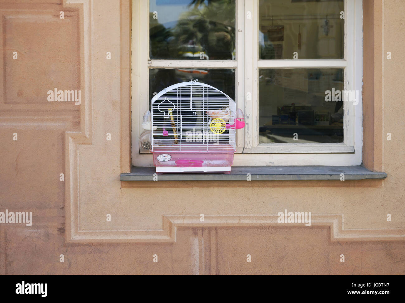bird cage outside a window, Italy Stock Photo - Alamy