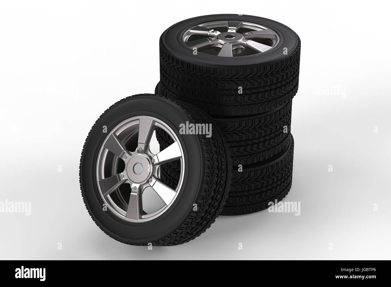 3d rendering stack of black tire with alloy wheel on white background ...