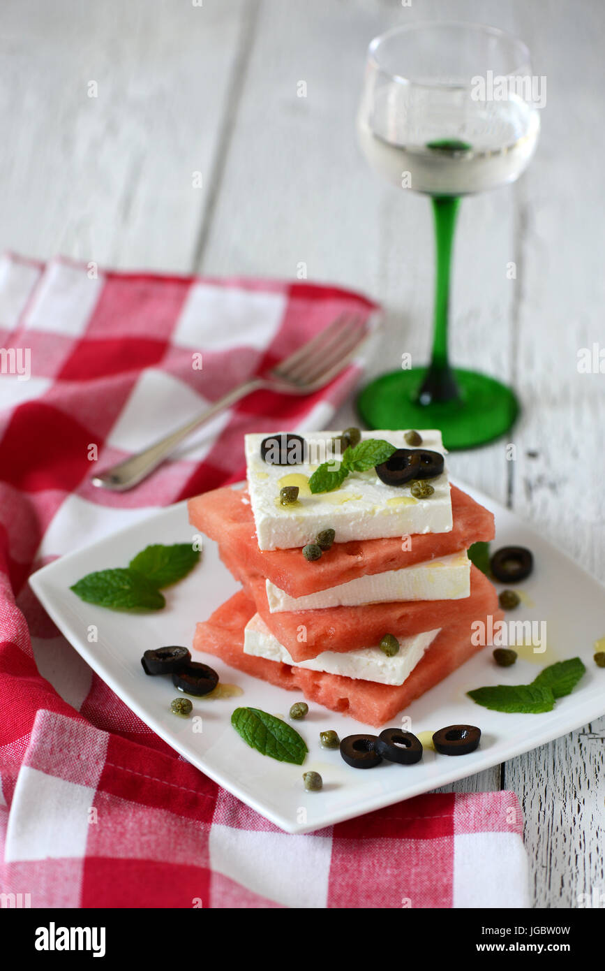 mediterranean watermelon and cheese salad Stock Photo - Alamy