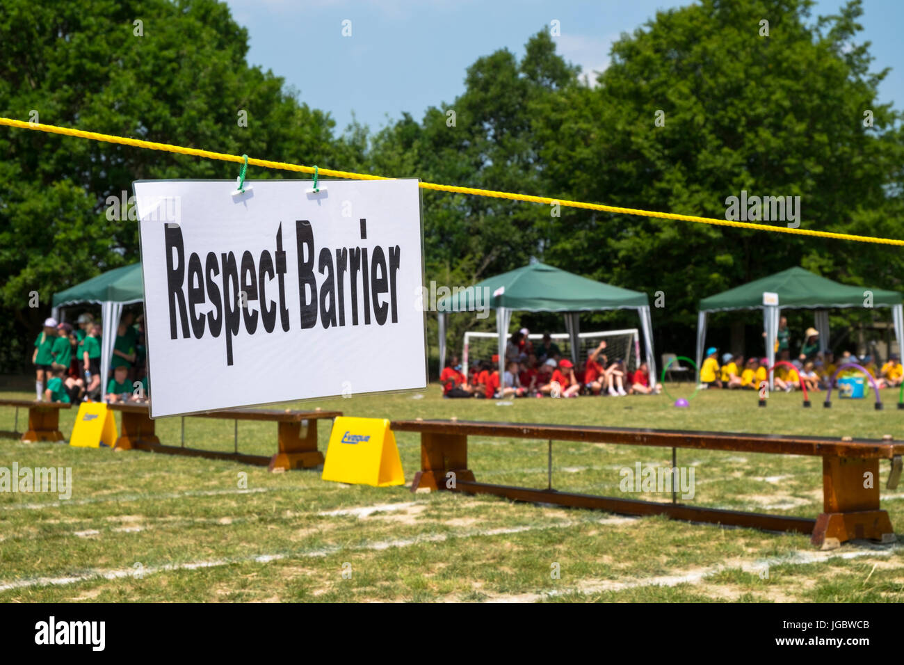 Respect barrier at a primary school athletics event hamstreet Kent sign ...