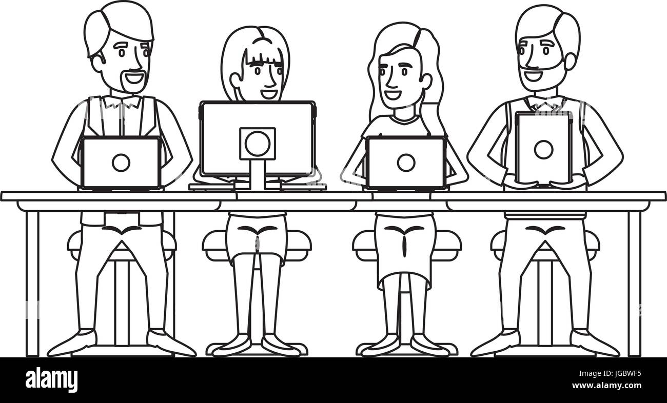 monochrome silhouette of teamwork of women and men sitting in desk with ...