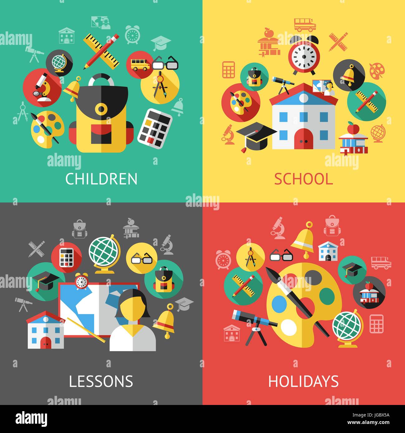 Digital vector green yellow black school icons with drawn simple line ...