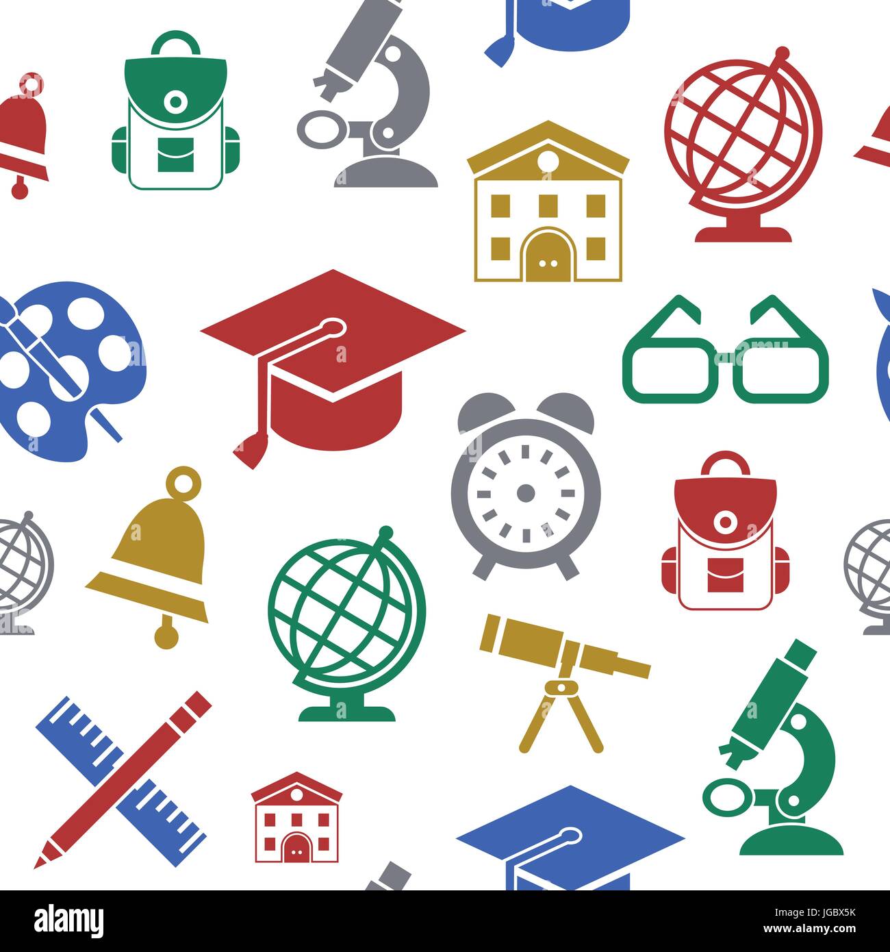 Digital vector green red yellow school icons with drawn simple line art ...