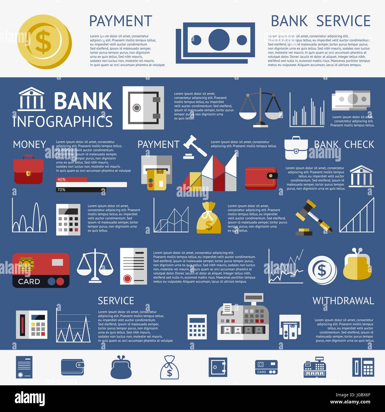 Digital vector blue business icons with drawn simple line art info ...