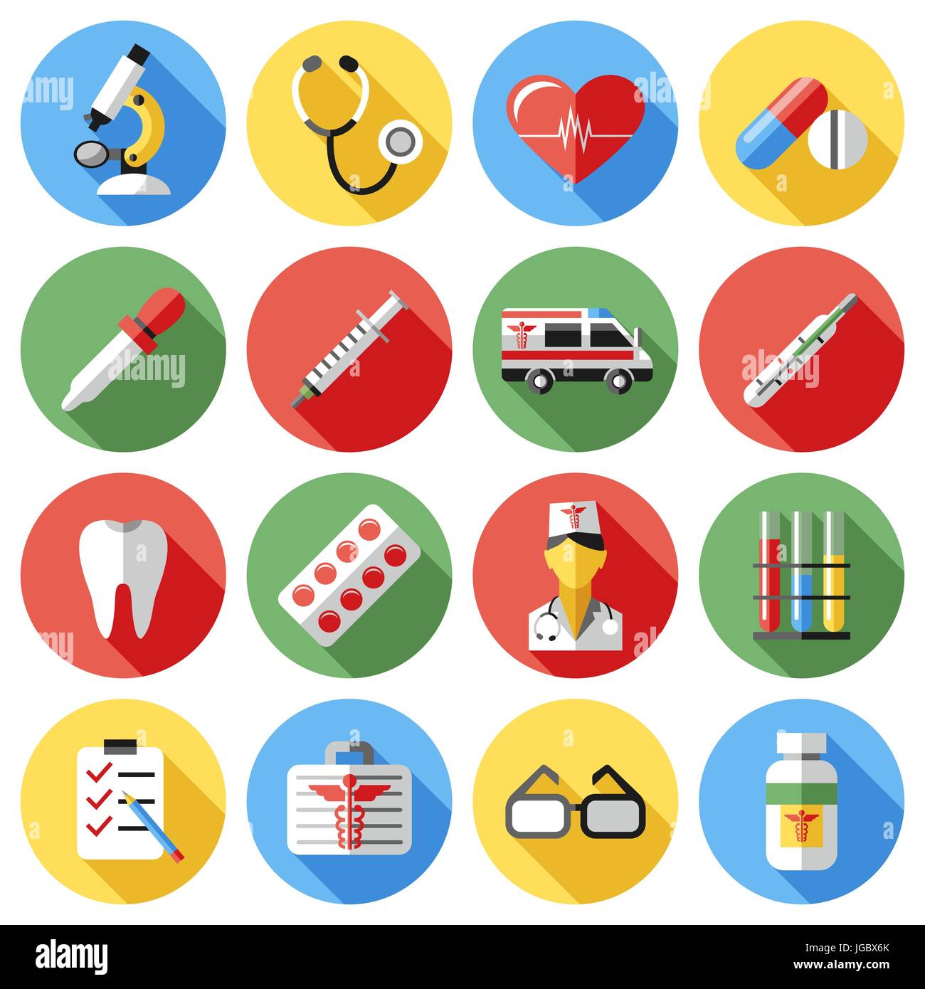Digital vector red yellow blue medical icons with drawn simple line art ...