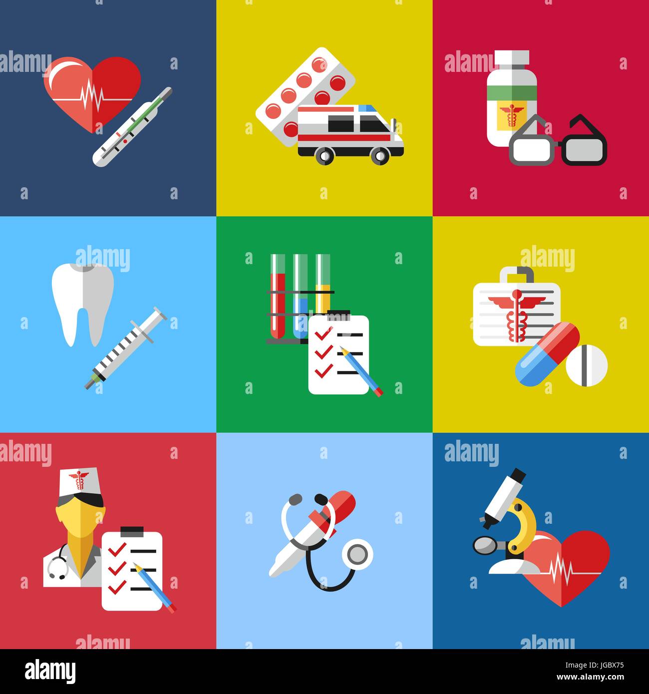 Digital vector blue red pharmacy medical icons set with drawn simple ...