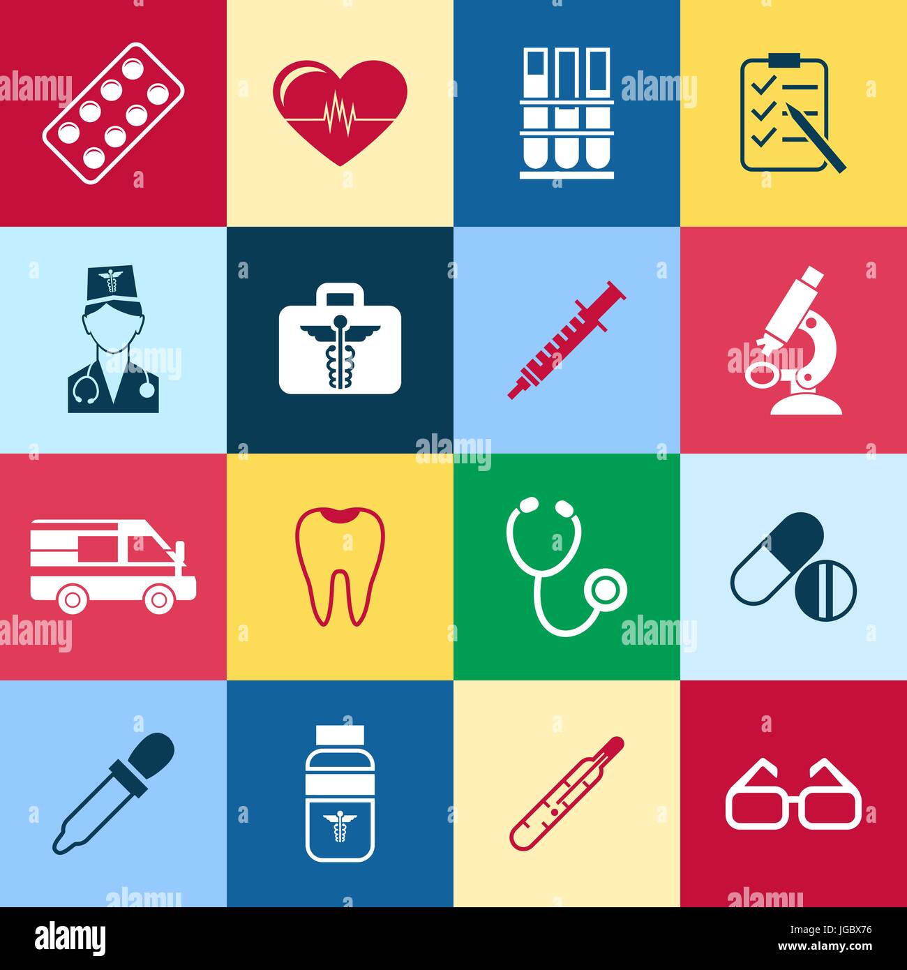 Digital vector blue red pharmacy medical icons set with drawn simple ...