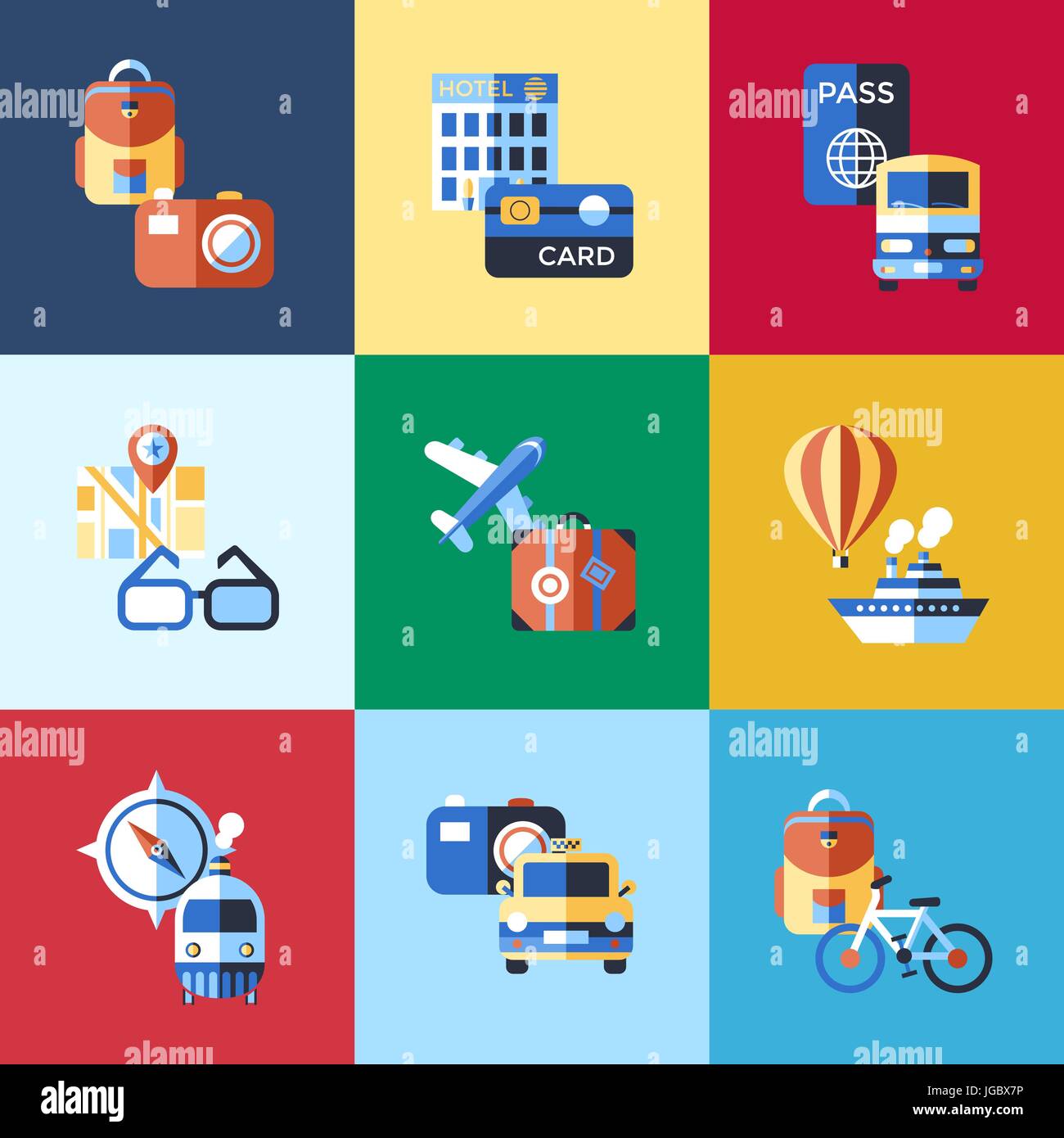 Digital vector red blue travel icons set with drawn simple line art ...