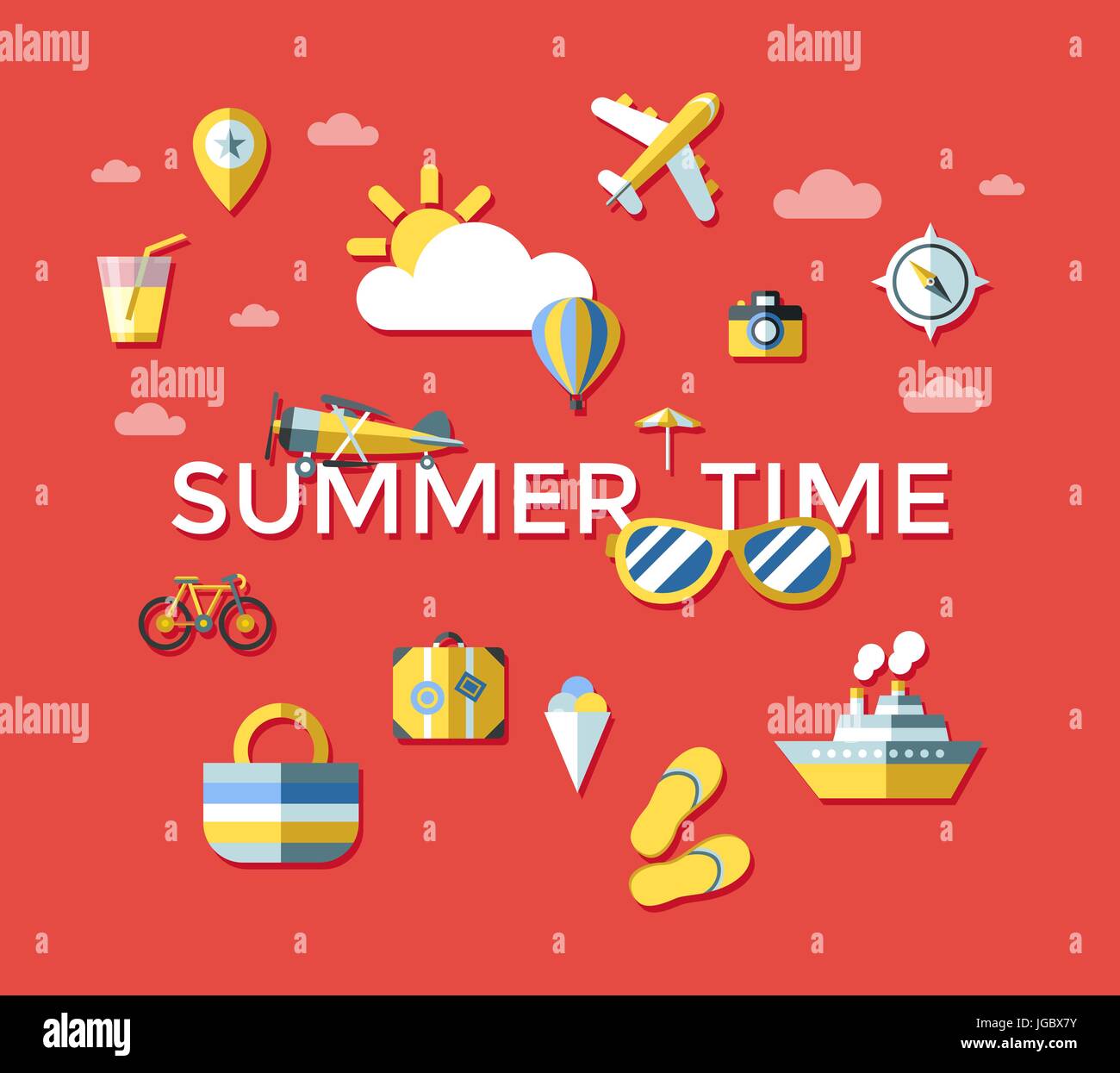 Digital vector red summer time travel icons set with drawn simple line ...
