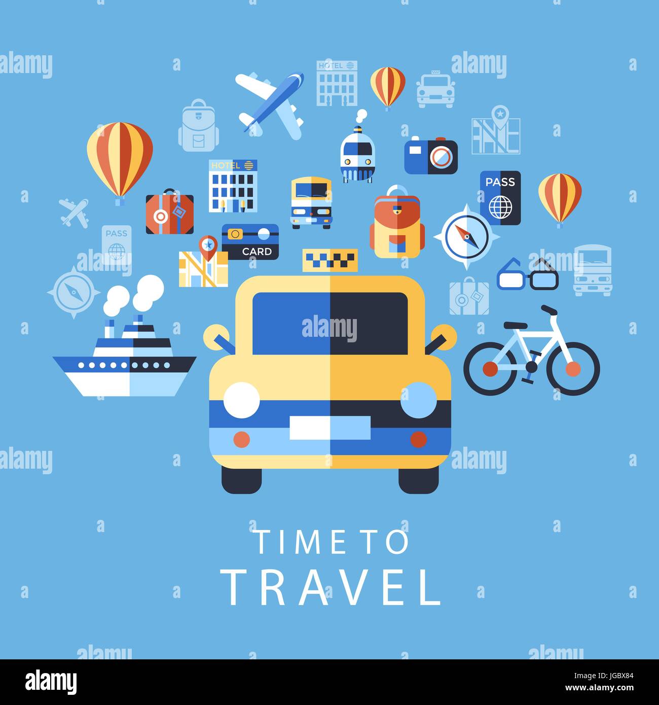 Digital vector blue summer time travel icons set with drawn simple line ...
