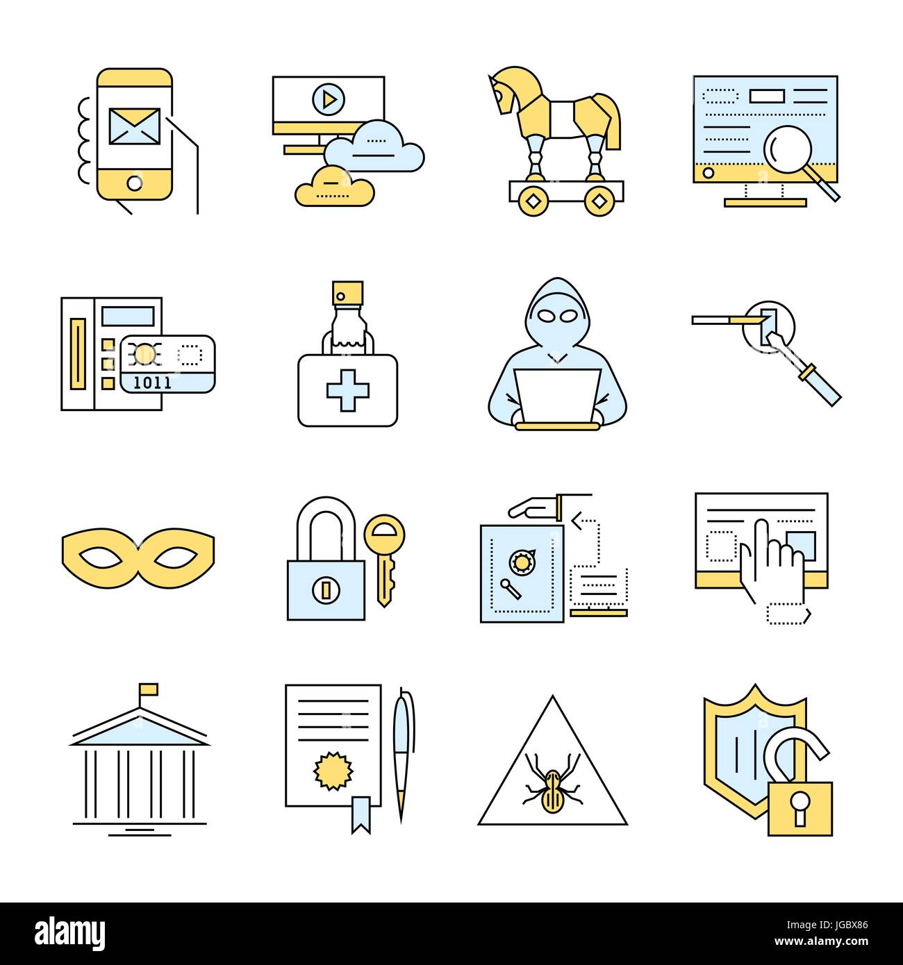 Digital vector blue internet security data protection icons set drawn ...