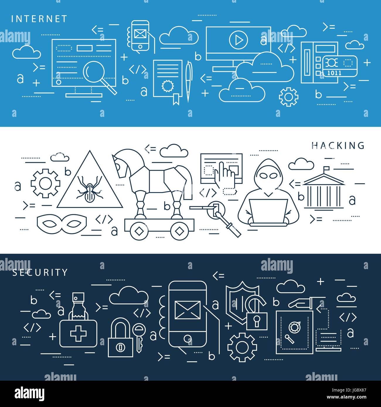 Digital vector blue internet security data protection icons set drawn ...
