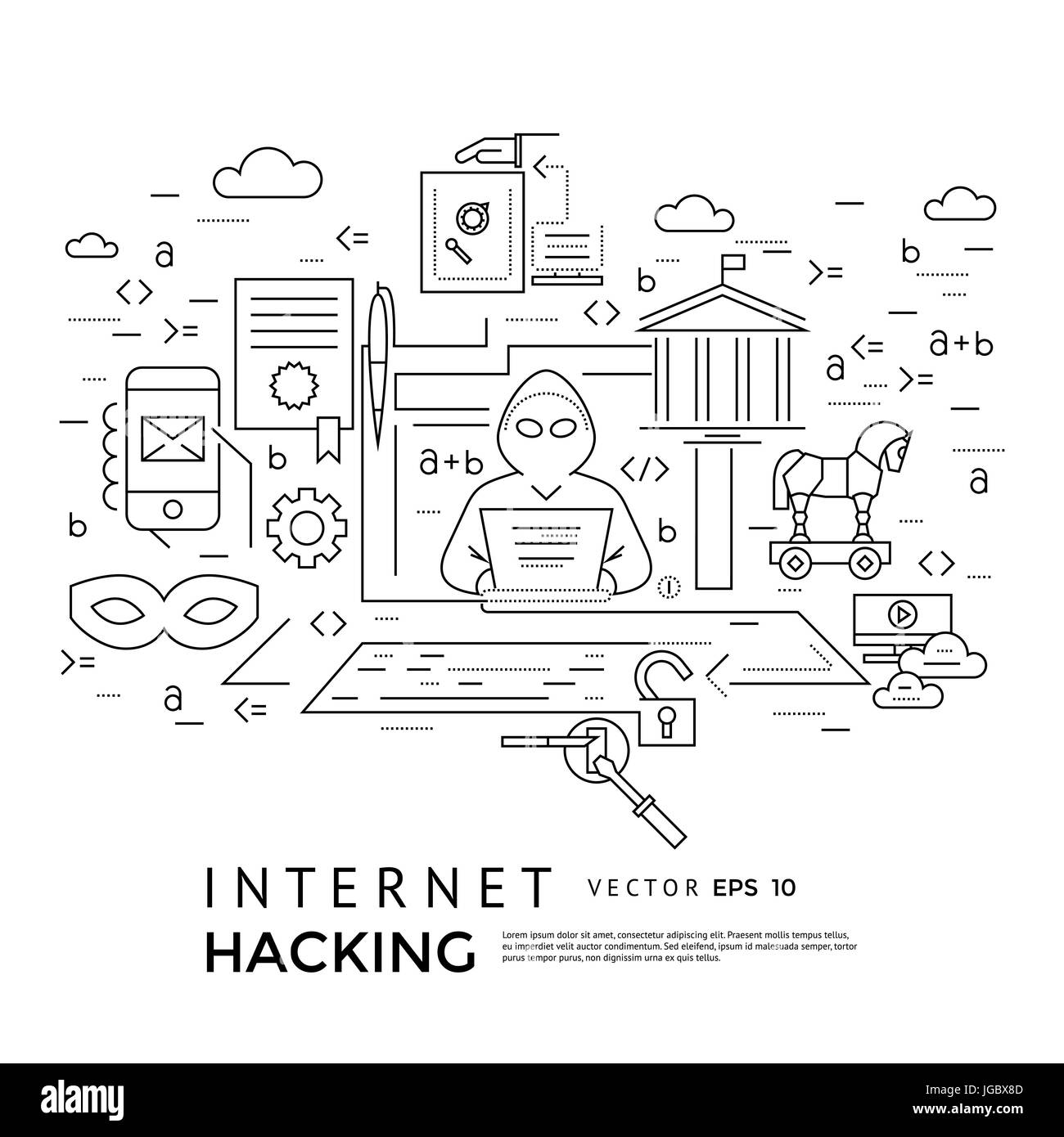 Digital vector black internet security data protection icons set drawn ...