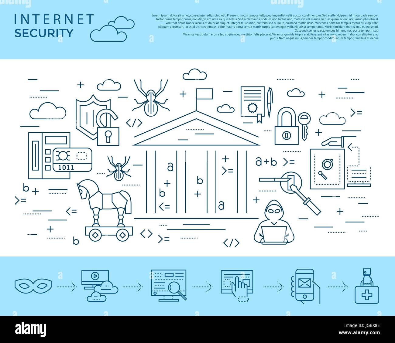 Digital vector blue internet security data protection icons set drawn ...