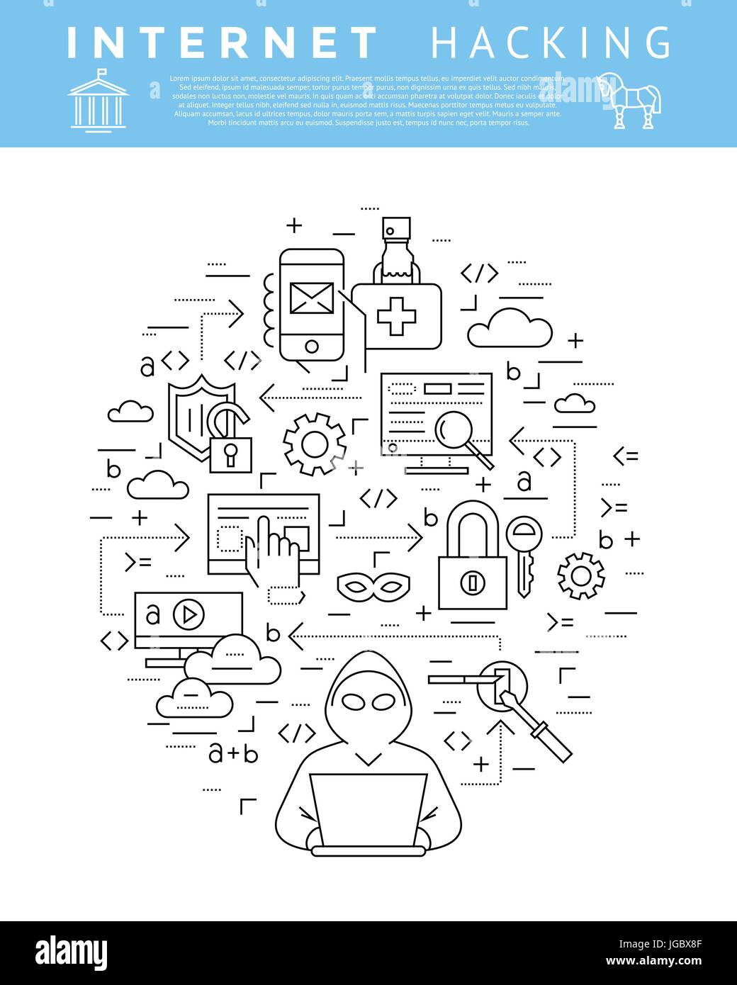 Digital vector blue internet security data protection icons set drawn ...