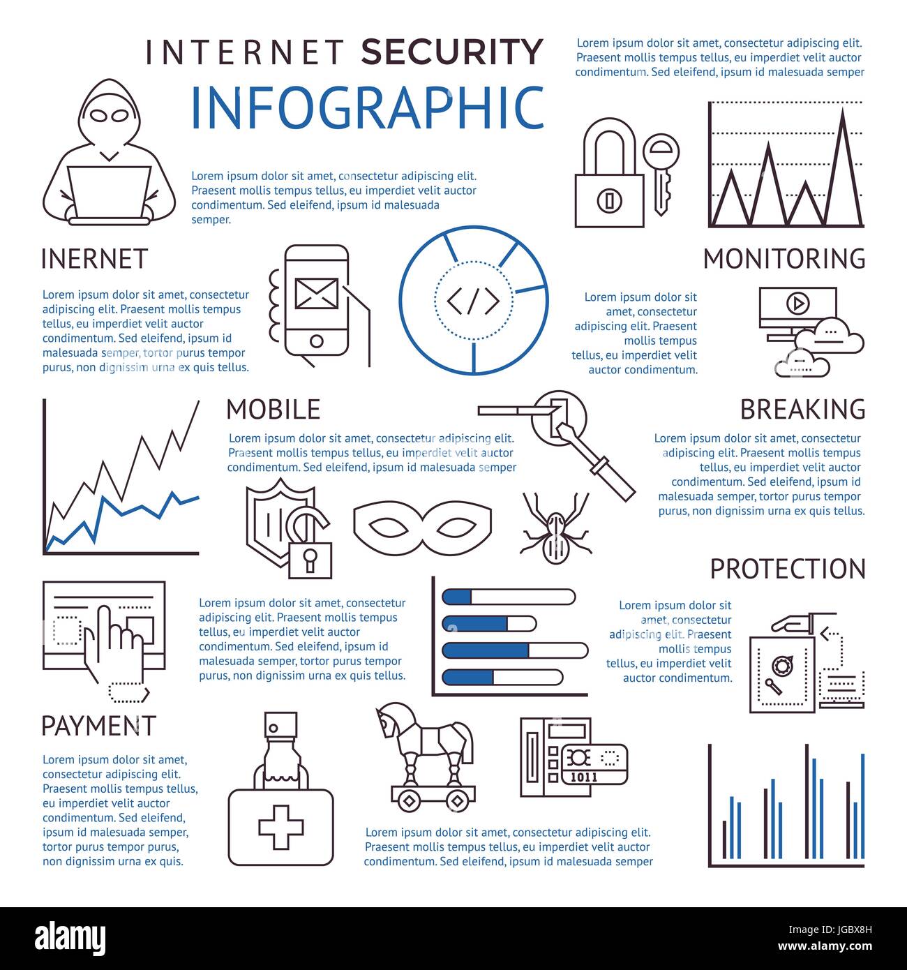 Digital vector blue internet security data protection icons set drawn ...