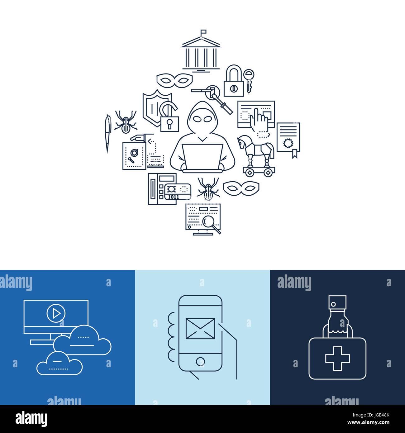 Digital vector blue internet security data protection icons set drawn ...