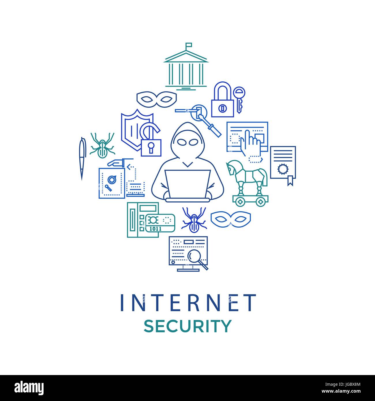 Digital vector blue internet security data protection icons set drawn ...
