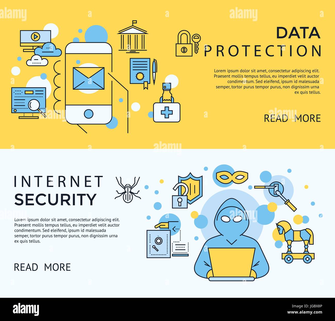 Digital vector blue internet security data protection icons set drawn ...