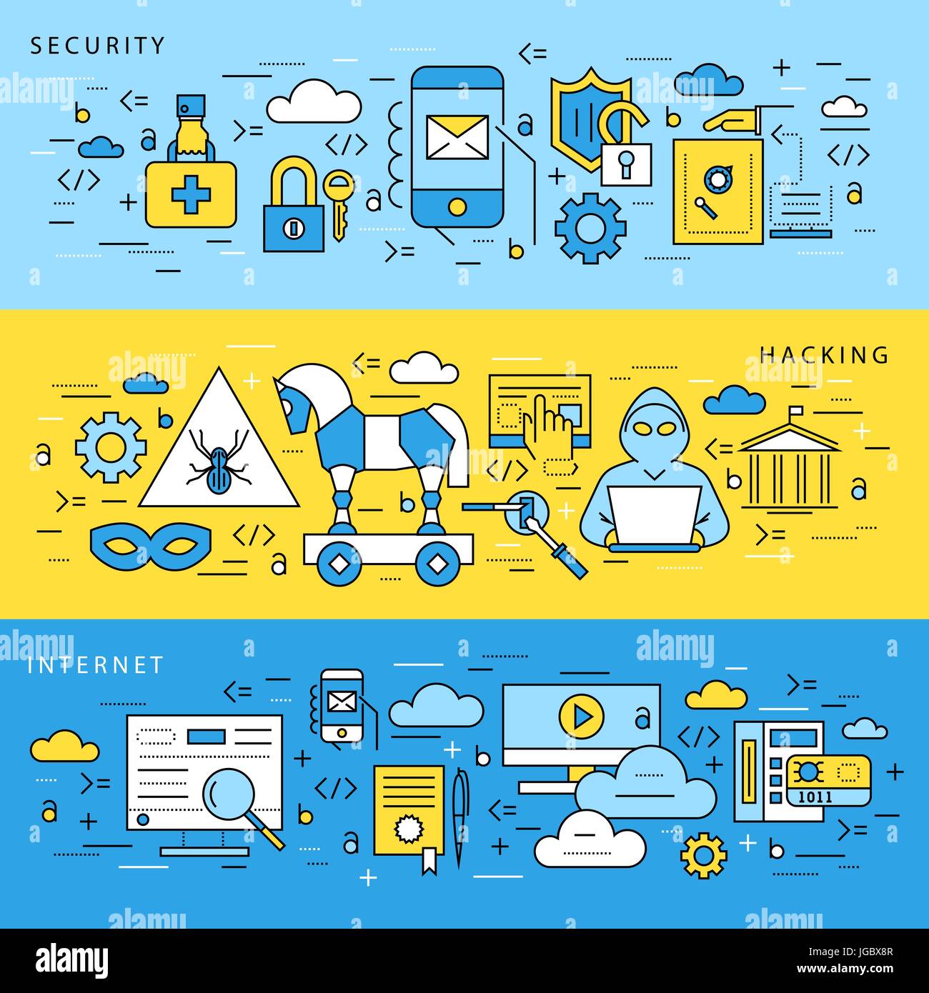 Digital vector blue internet security data protection icons set drawn ...