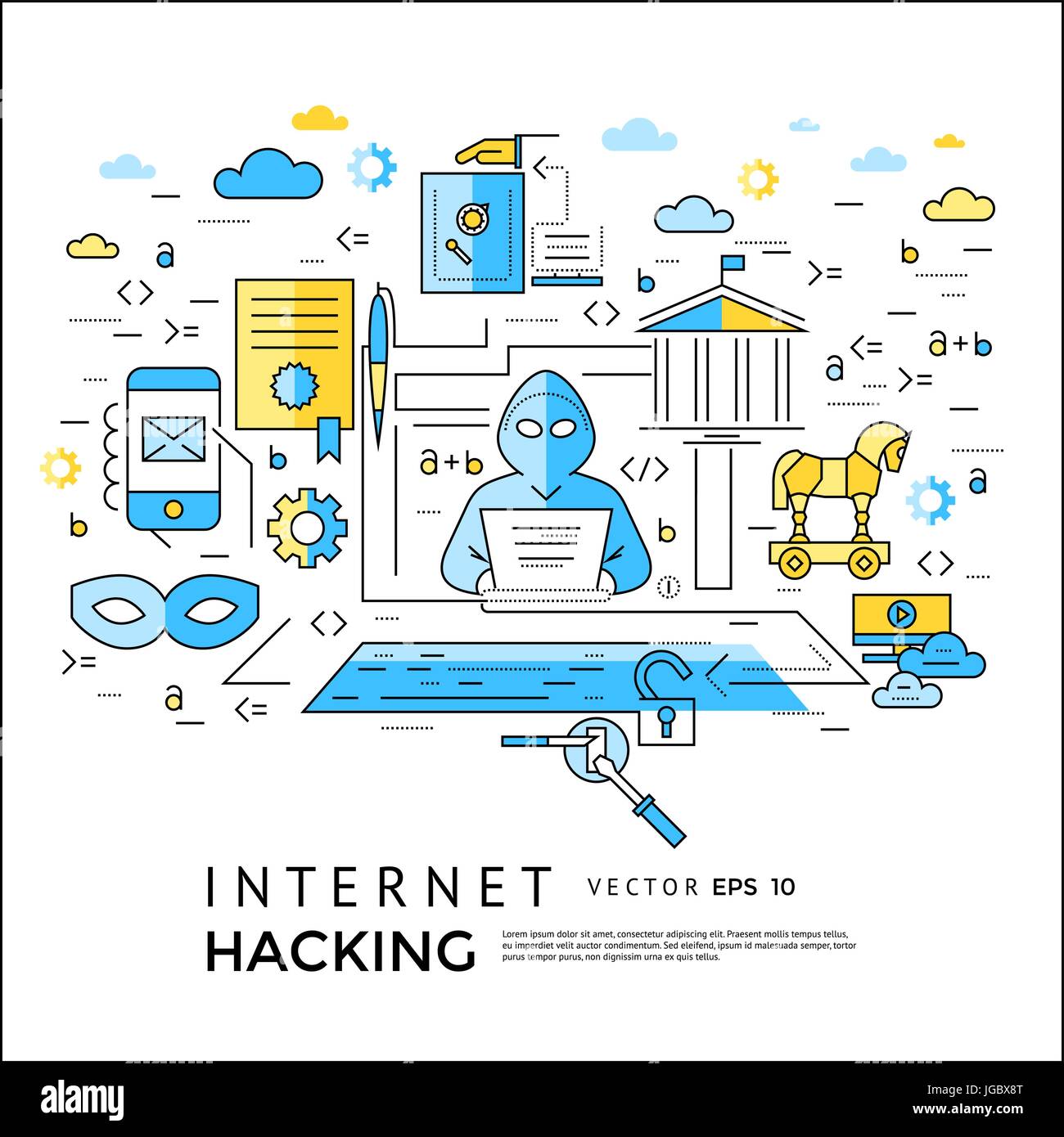 Digital vector blue internet security data protection icons set drawn ...