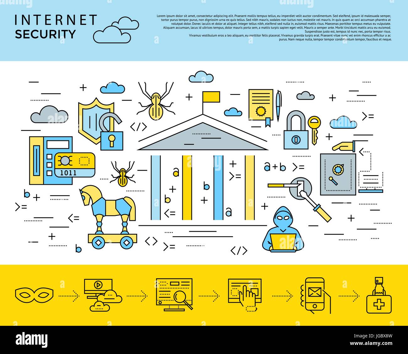 Digital vector blue internet security data protection icons set drawn ...