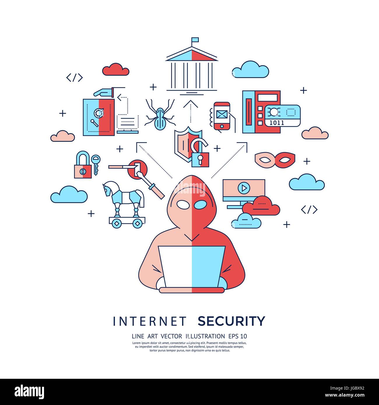 Digital vector blue internet security data protection icons set drawn ...