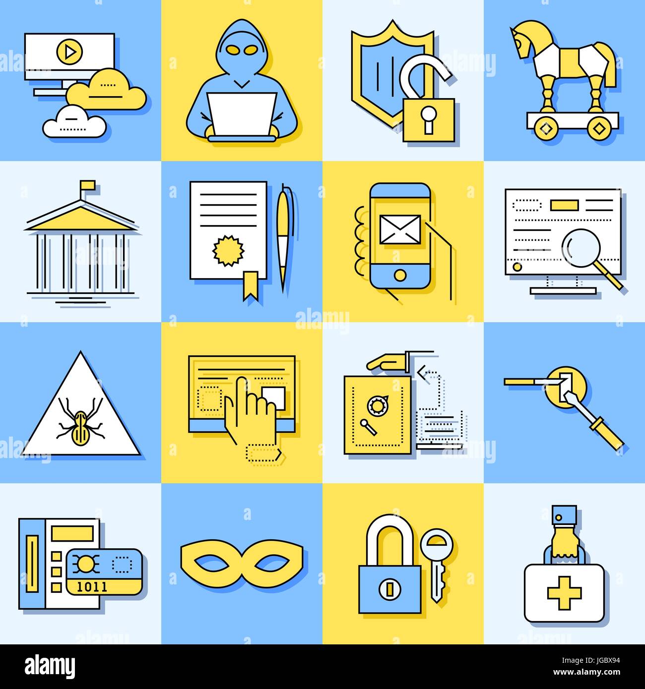 Digital vector blue internet security data protection icons set drawn ...