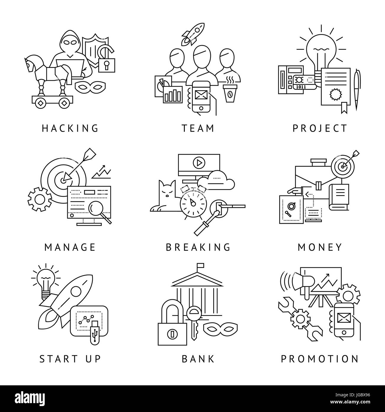 Digital vector blue internet security data protection icons set drawn ...