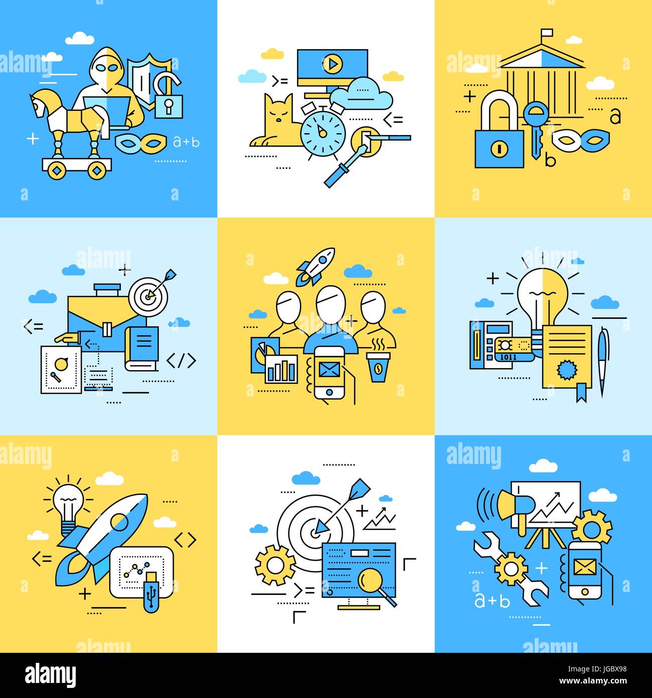 Digital vector blue internet security data protection icons set drawn ...