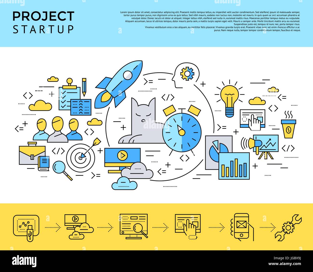 Digital vector yellow and blue startup business icons with drawn simple ...