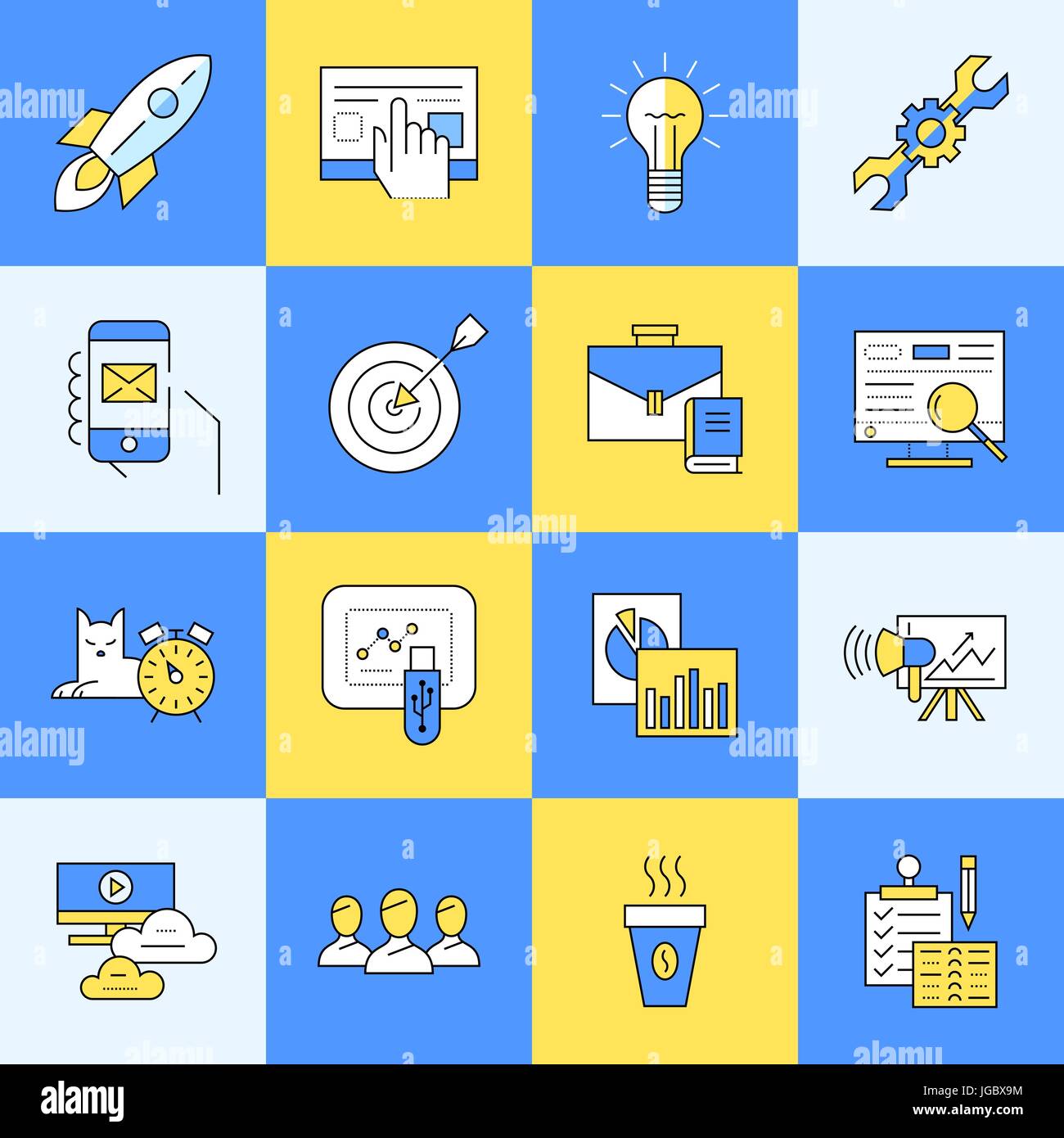 Digital vector yellow and blue startup business icons with drawn simple ...