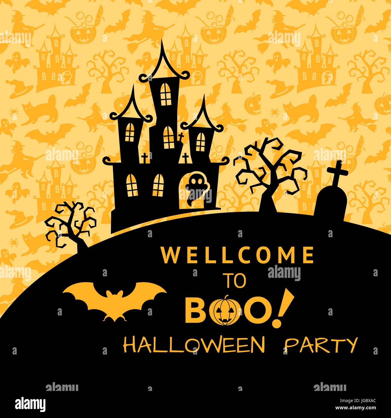 Digital vector yellow black happy halloween icons with drawn simple ...