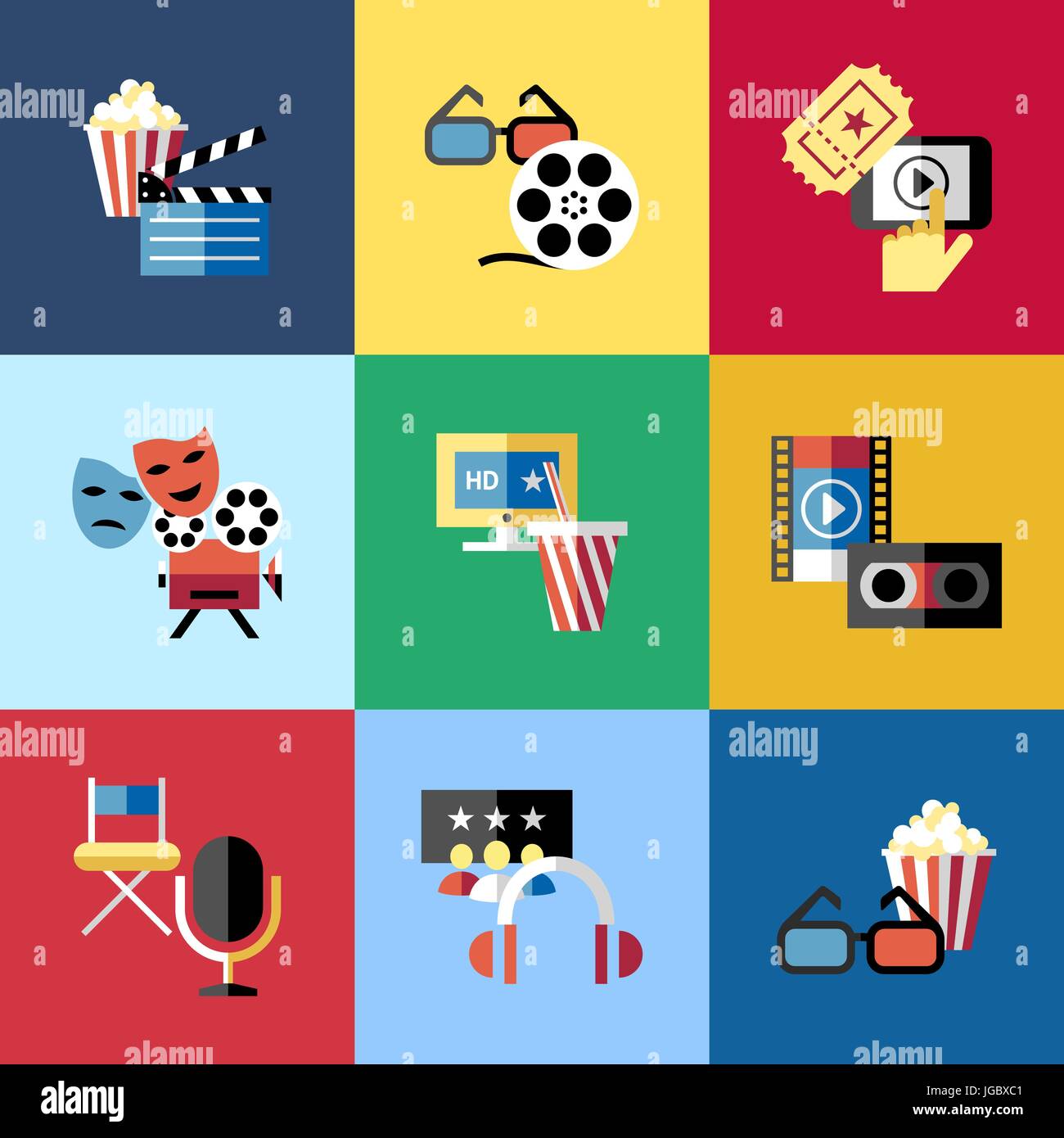 Digital vector red blue 9 cinema icons with drawn simple line art info ...