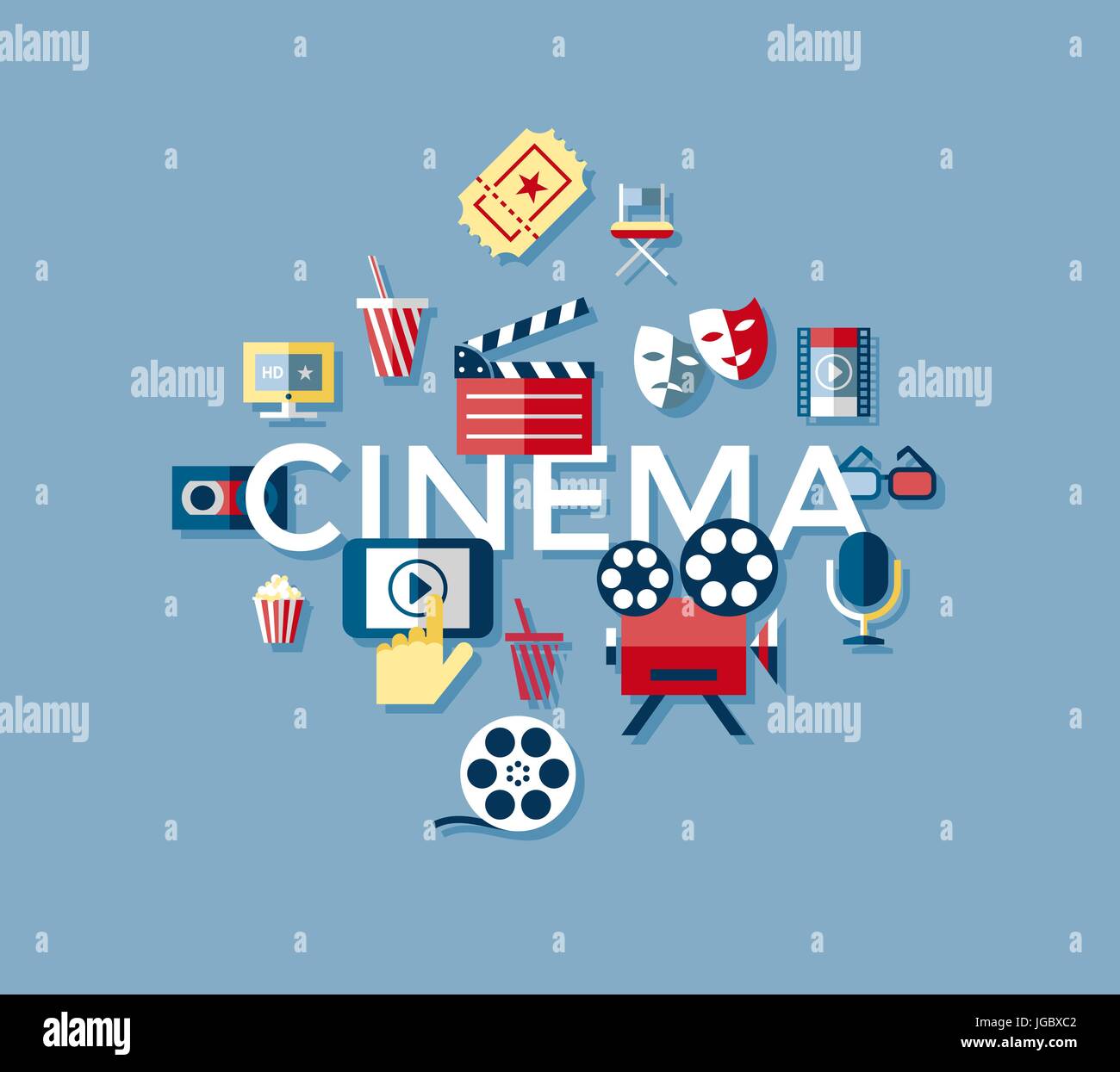 Digital vector blue cinema icons with drawn simple line art info ...