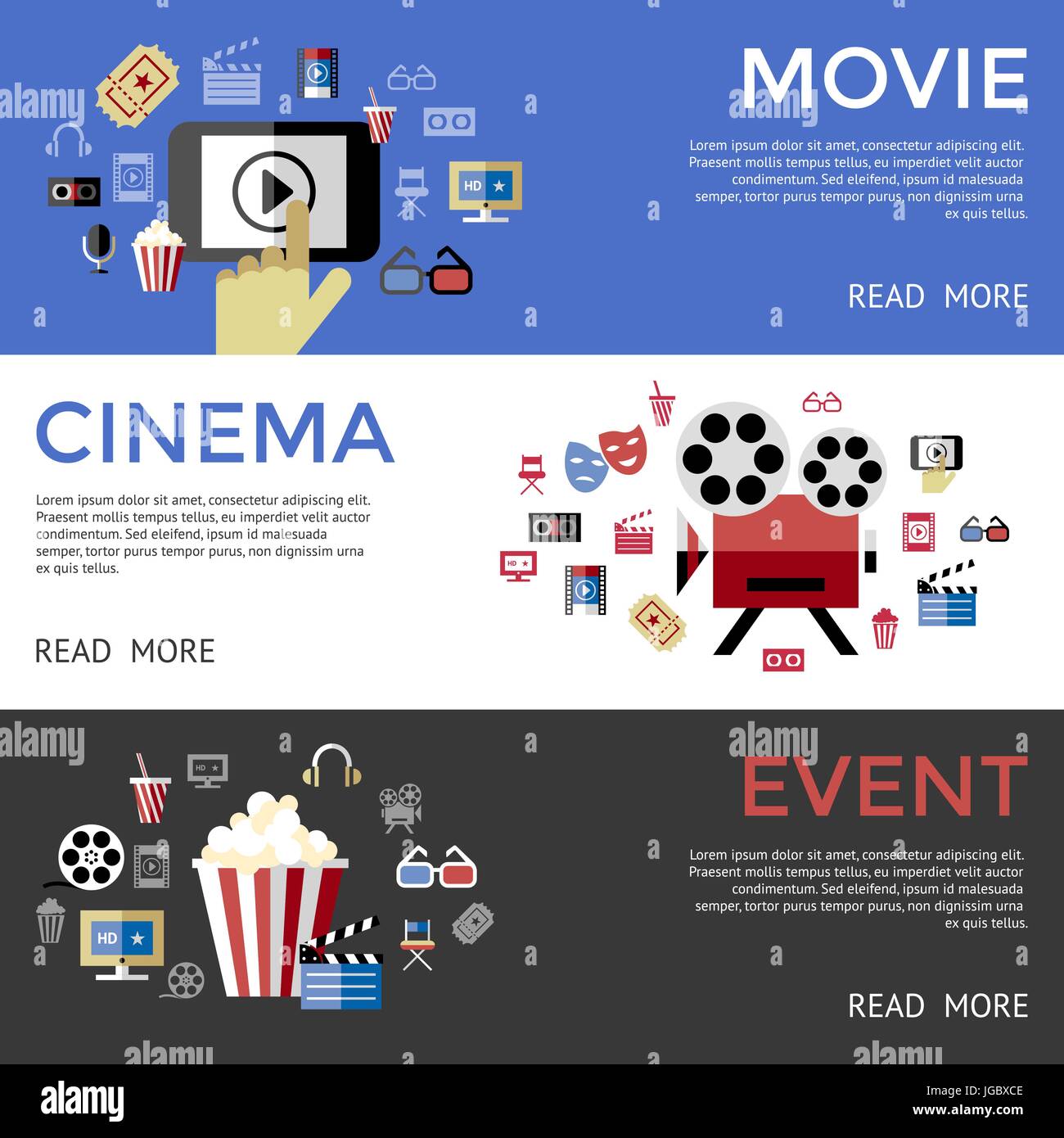 Digital vector black blue cinema icons with drawn simple line art info ...