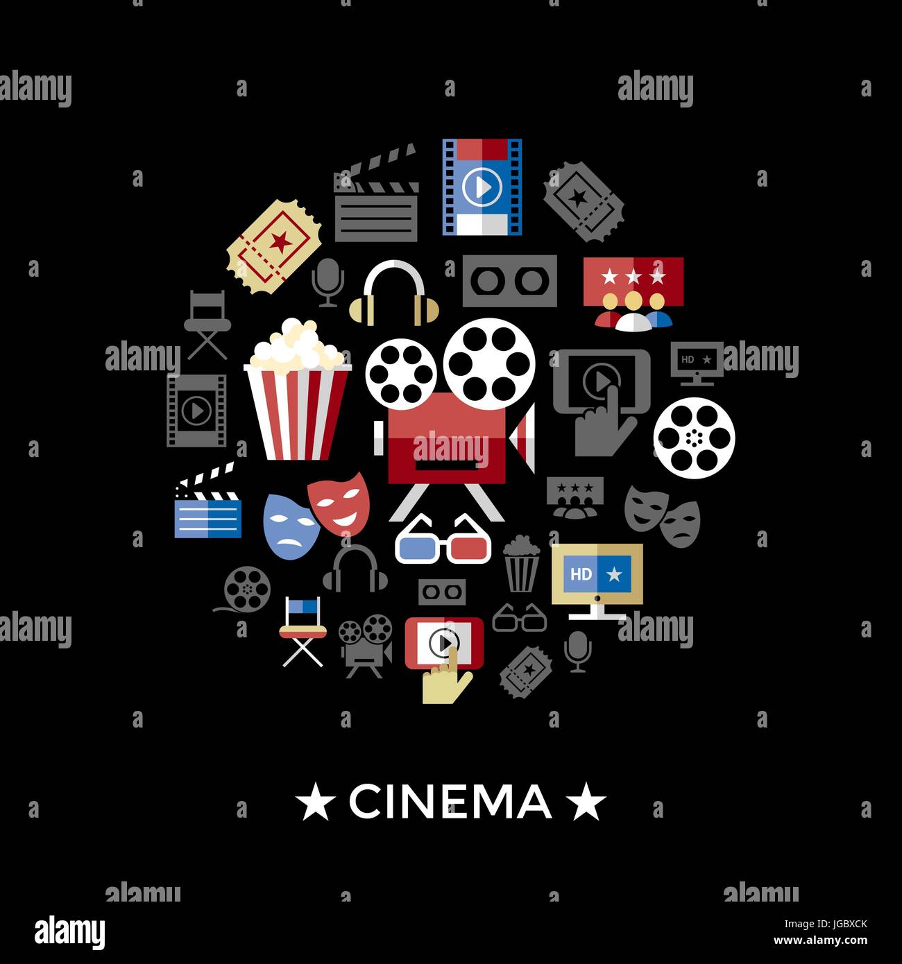 Digital vector red black cinema icons with drawn simple line art info ...