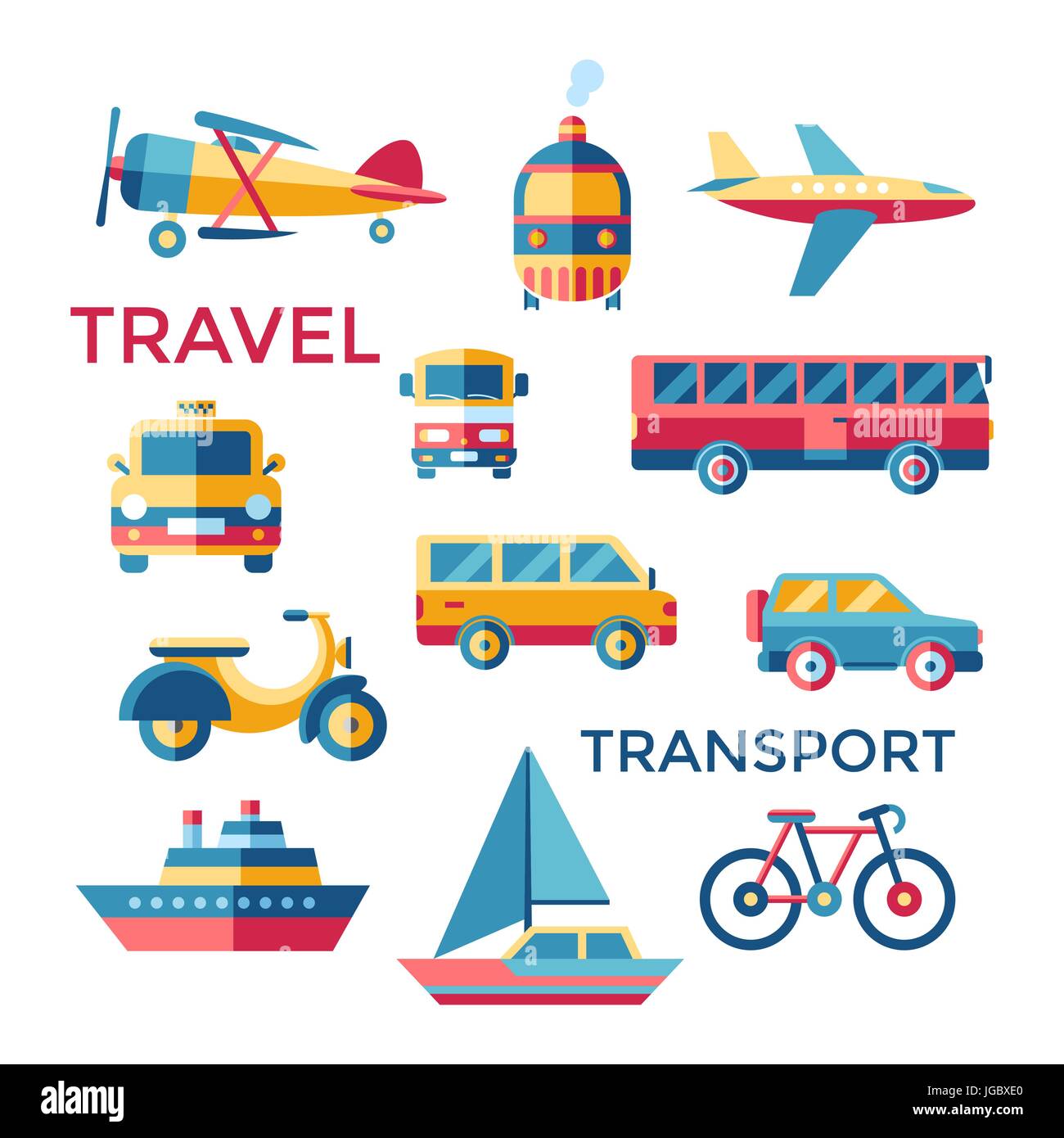 Digital vector blue red yellow travel transport icons set with drawn ...