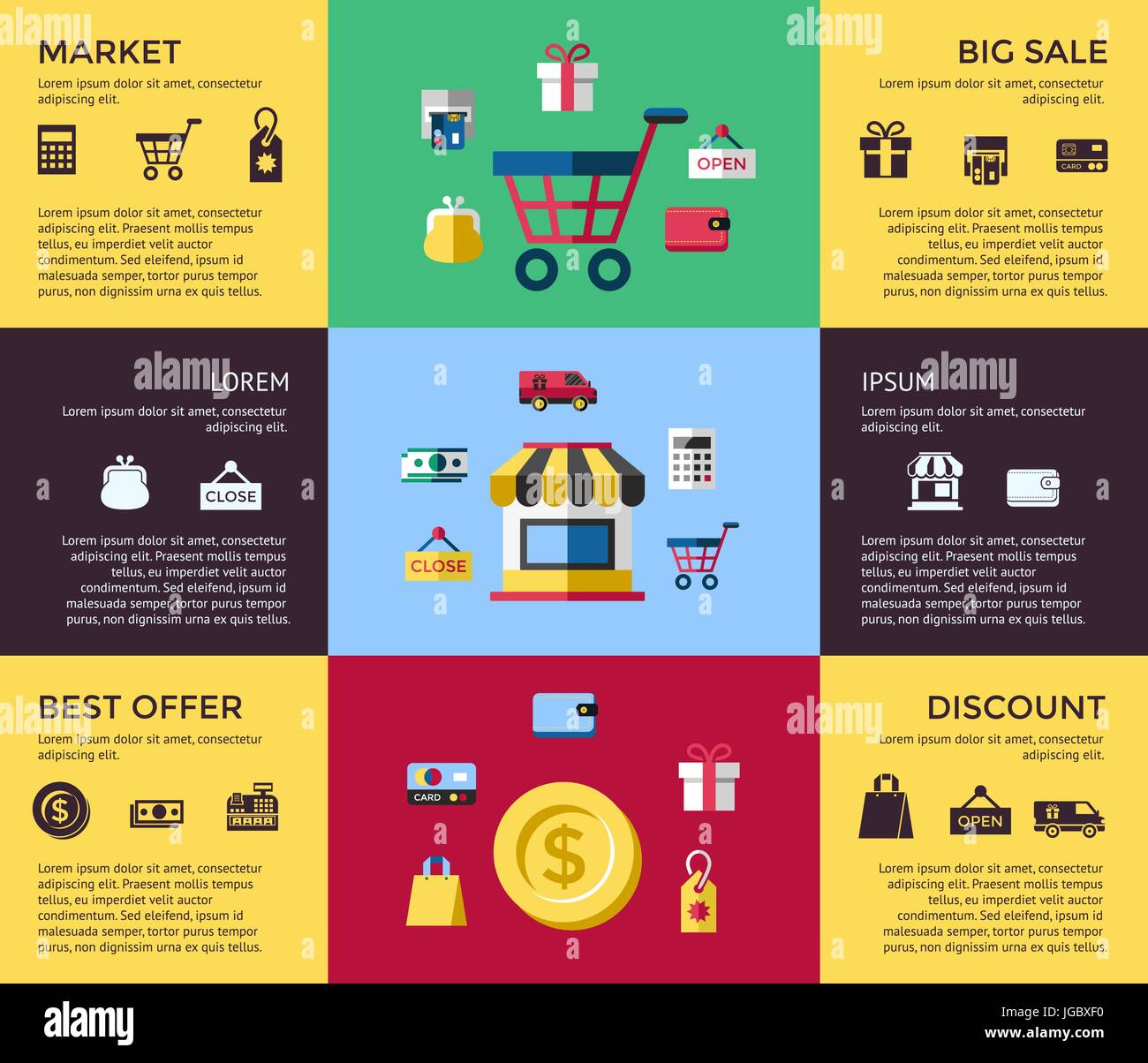 Digital vector blue red shopping sale icons with drawn simple line art ...