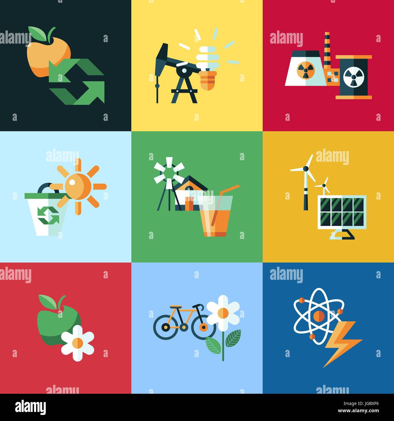 Digital vector red ecology icons with drawn simple line art info ...