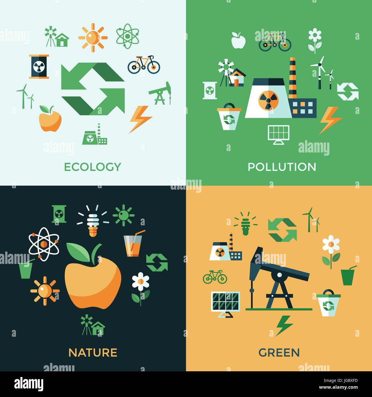 Digital vector green ecology icons with drawn simple line art info ...