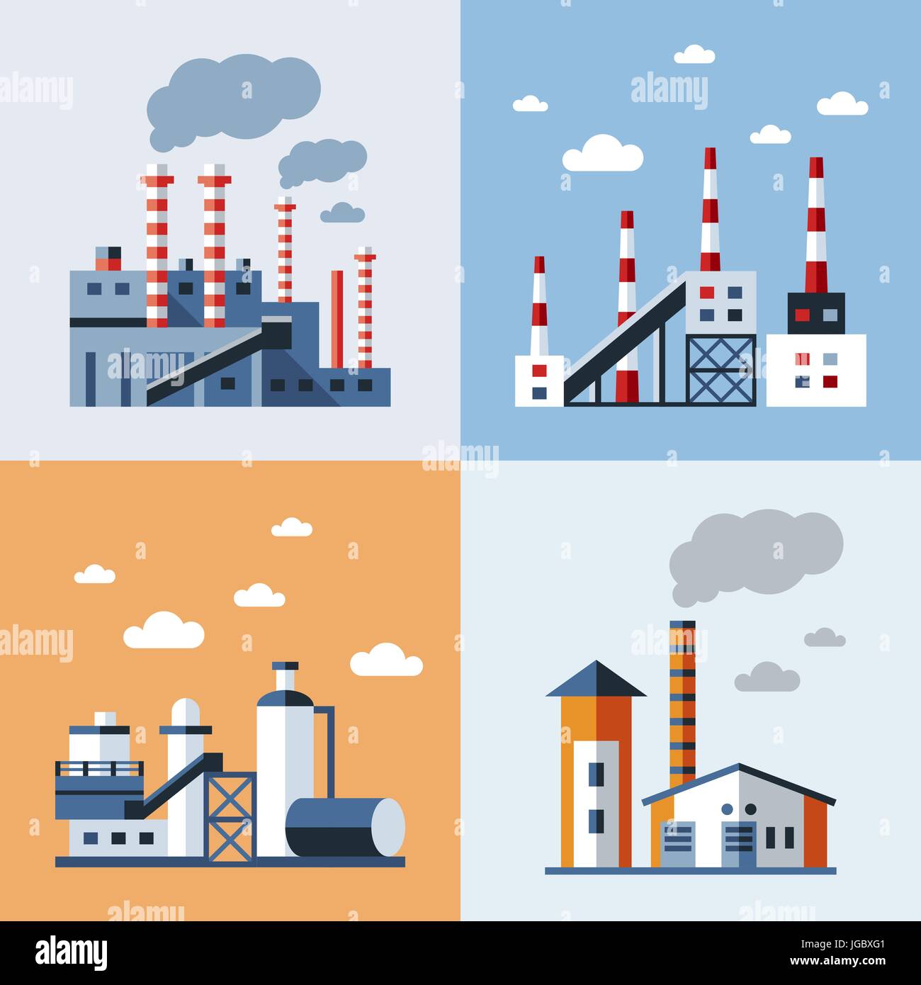 Digital vector blue factory pollution icons with drawn simple line art ...