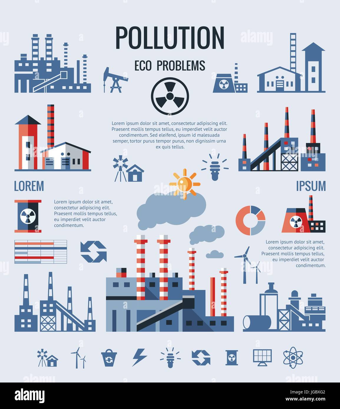 Digital vector blue factory pollution icons with drawn simple line art ...