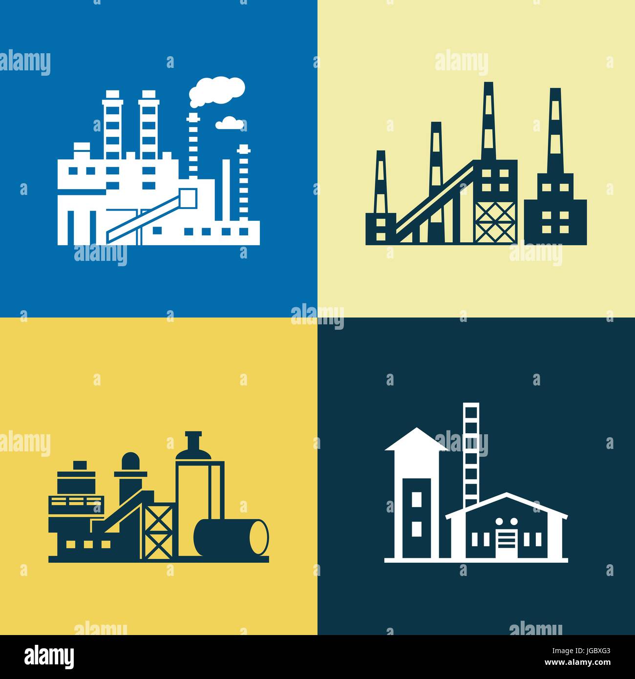 Digital vector blue yellow factory pollution icons with drawn simple ...