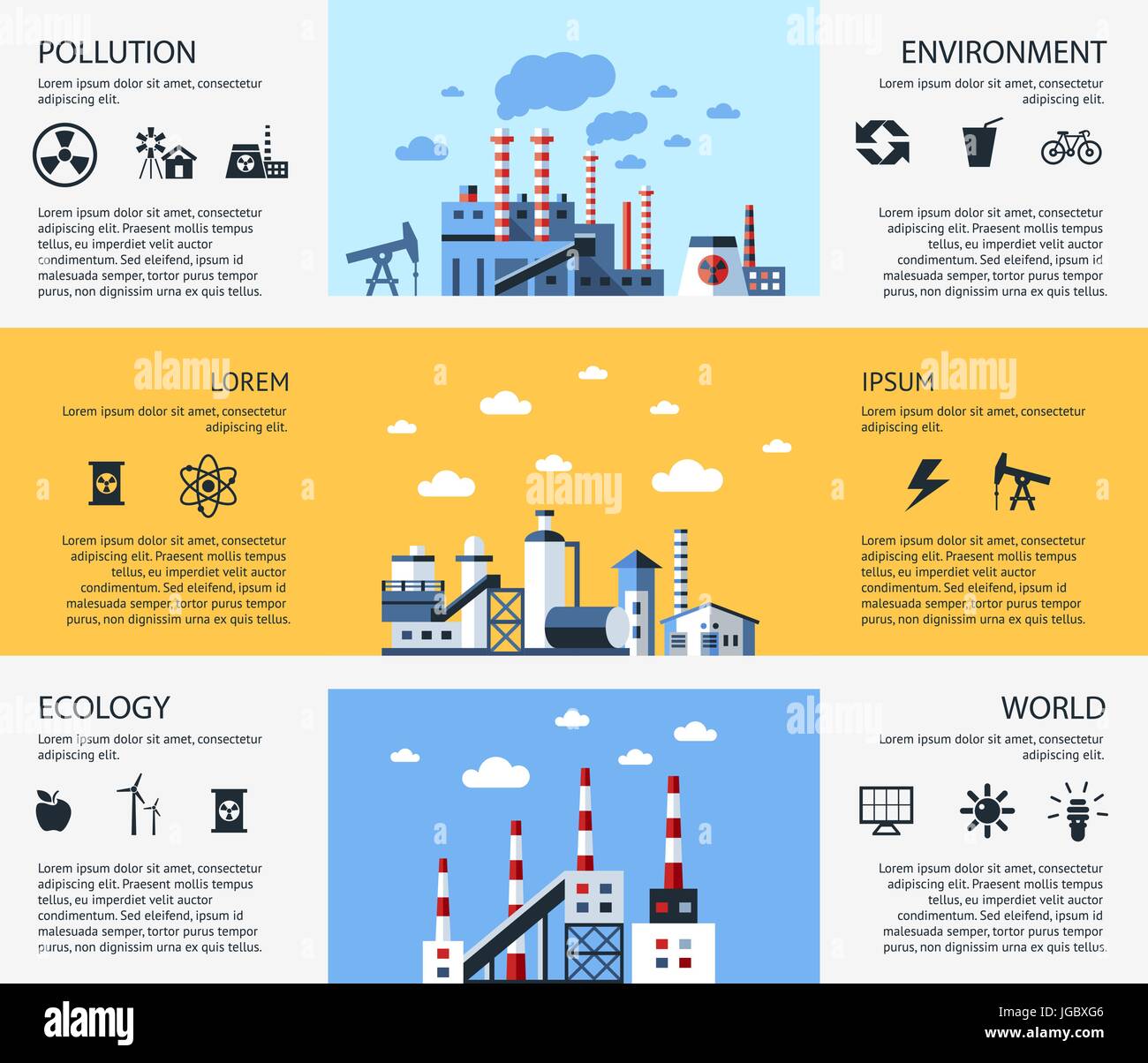 Digital vector yellow blue factory pollution icons with drawn simple ...