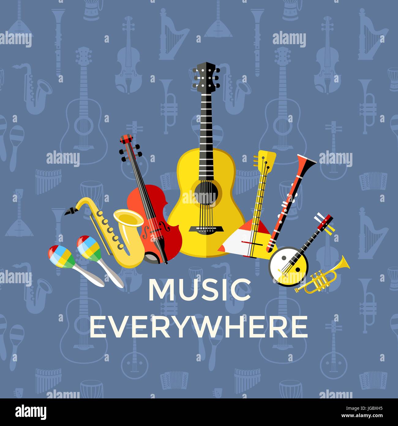 Digital vector blue music everywhere instruments icons with drawn ...